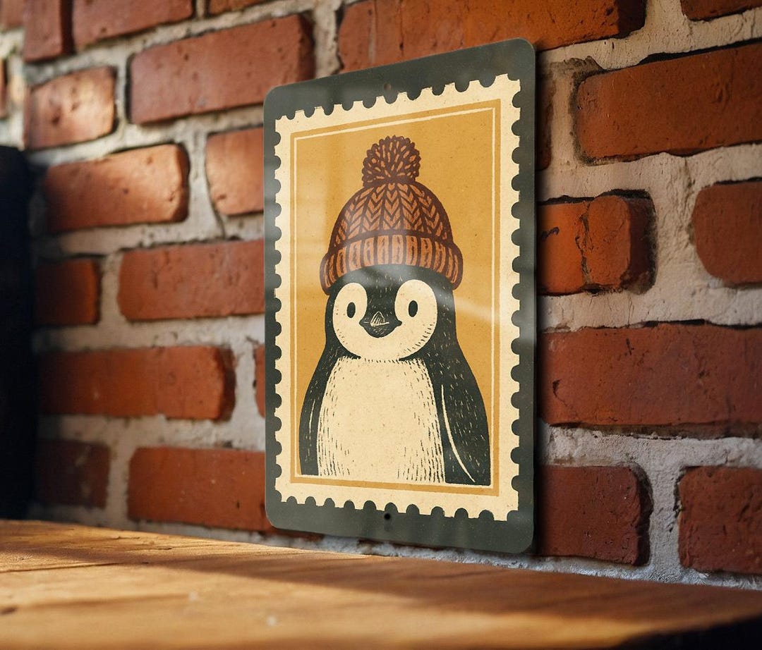 Penguin With Knit Hat Metal Sign – Winter Stamp Style Wall Art, Rustic ...