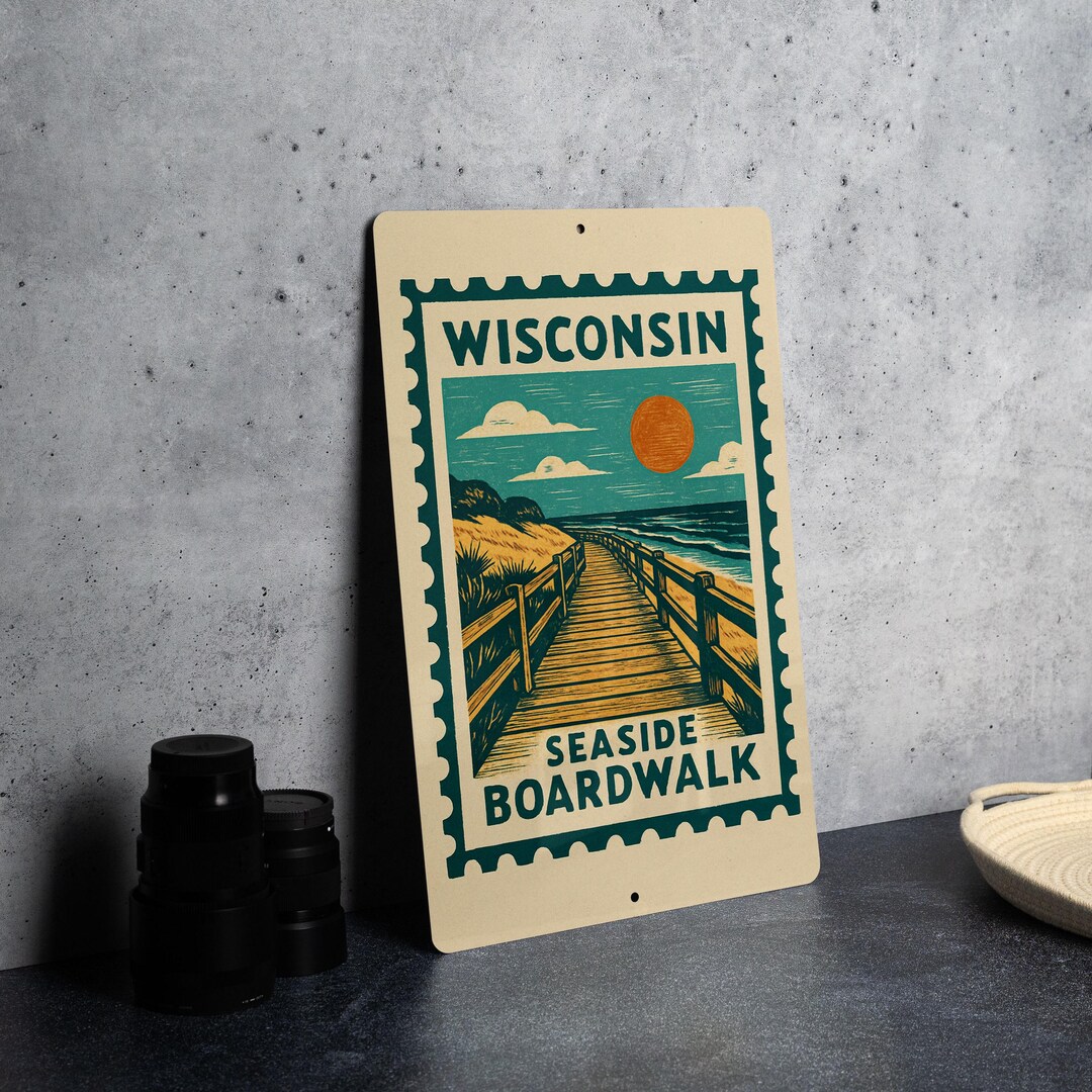 Wisconsin Seaside Boardwalk Metal Sign – Vintage Stamp Style Wall Art ...