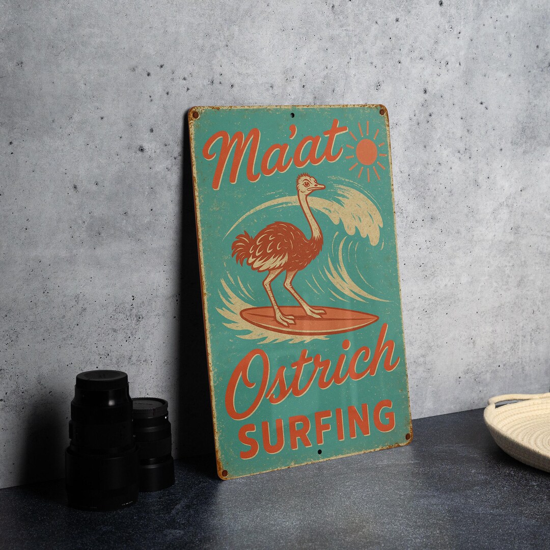 Retro Surf Shack Metal Sign – Ma’at Ostrich Tin Wall Art, Aqua & Beige ...