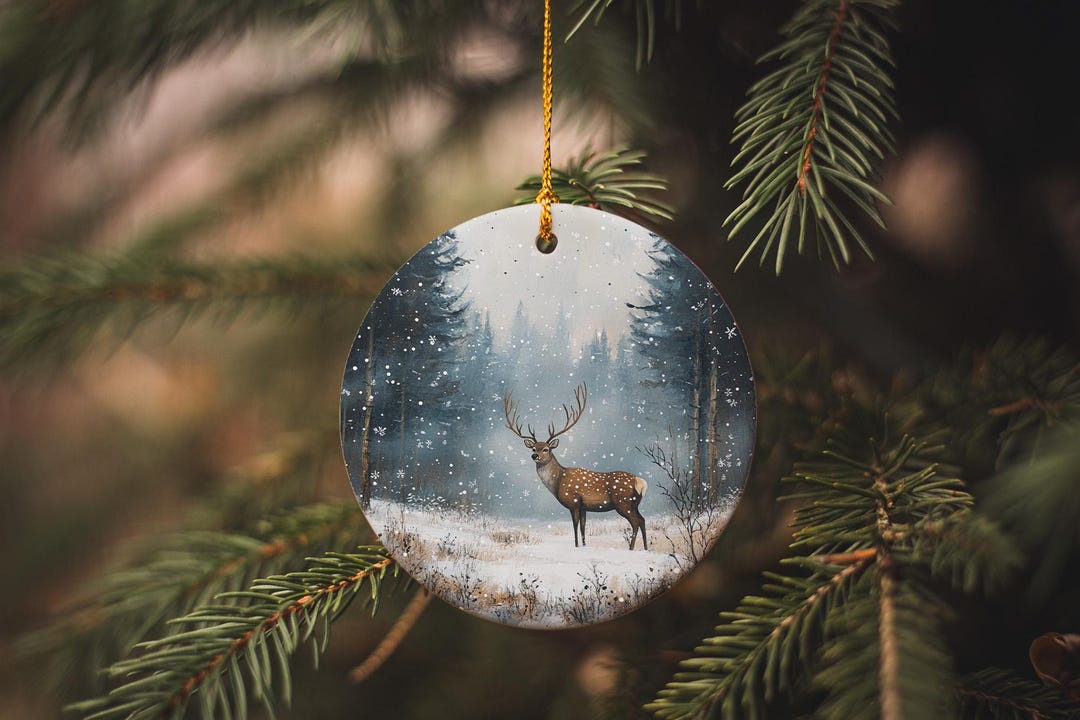 Winter Deer Scene Ceramic Ornament, Snowy Meadow Art, Deer in Snow ...