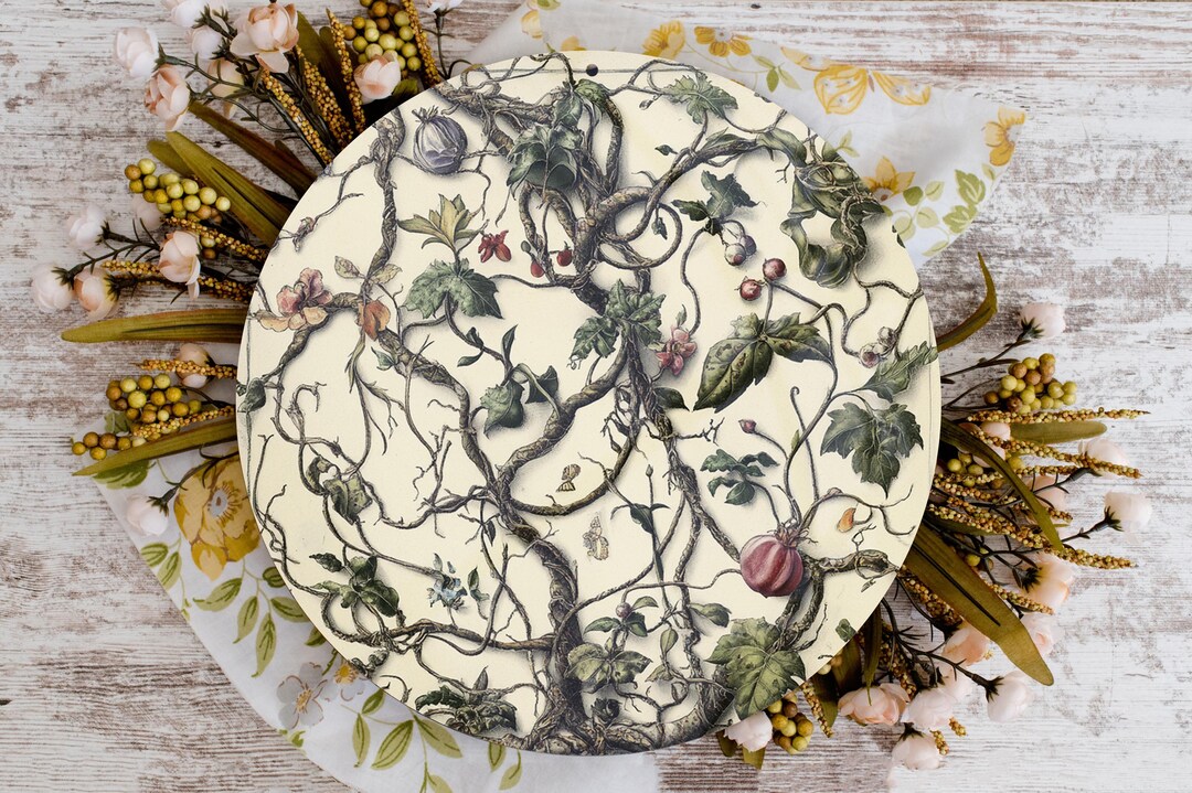 Botanical Whimsy Round Metal Sign, Entwined Vines, Vibrant Blooms ...