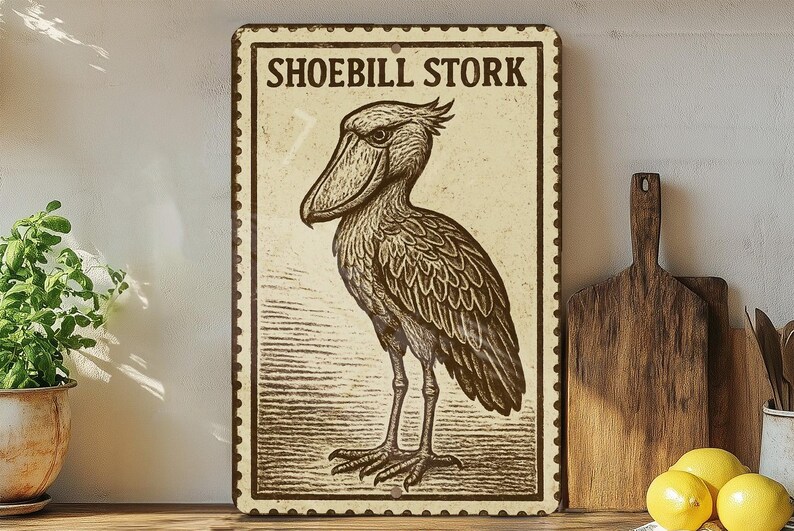 Shoebill Stork Metal Wall Art Sign – Vintage Stamp Style Bird Decor ...