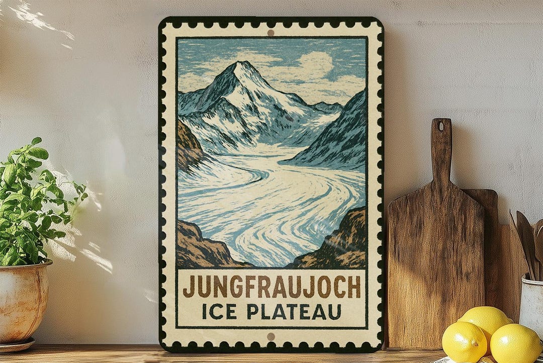 Jungfraujoch Ice Plateau Metal Sign – Vintage Stamp Style Swiss Alps ...