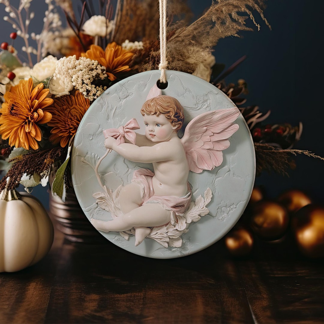 Vintage Ceramic Cupid Ornament, Circular Design, Cupid Holding Bow ...