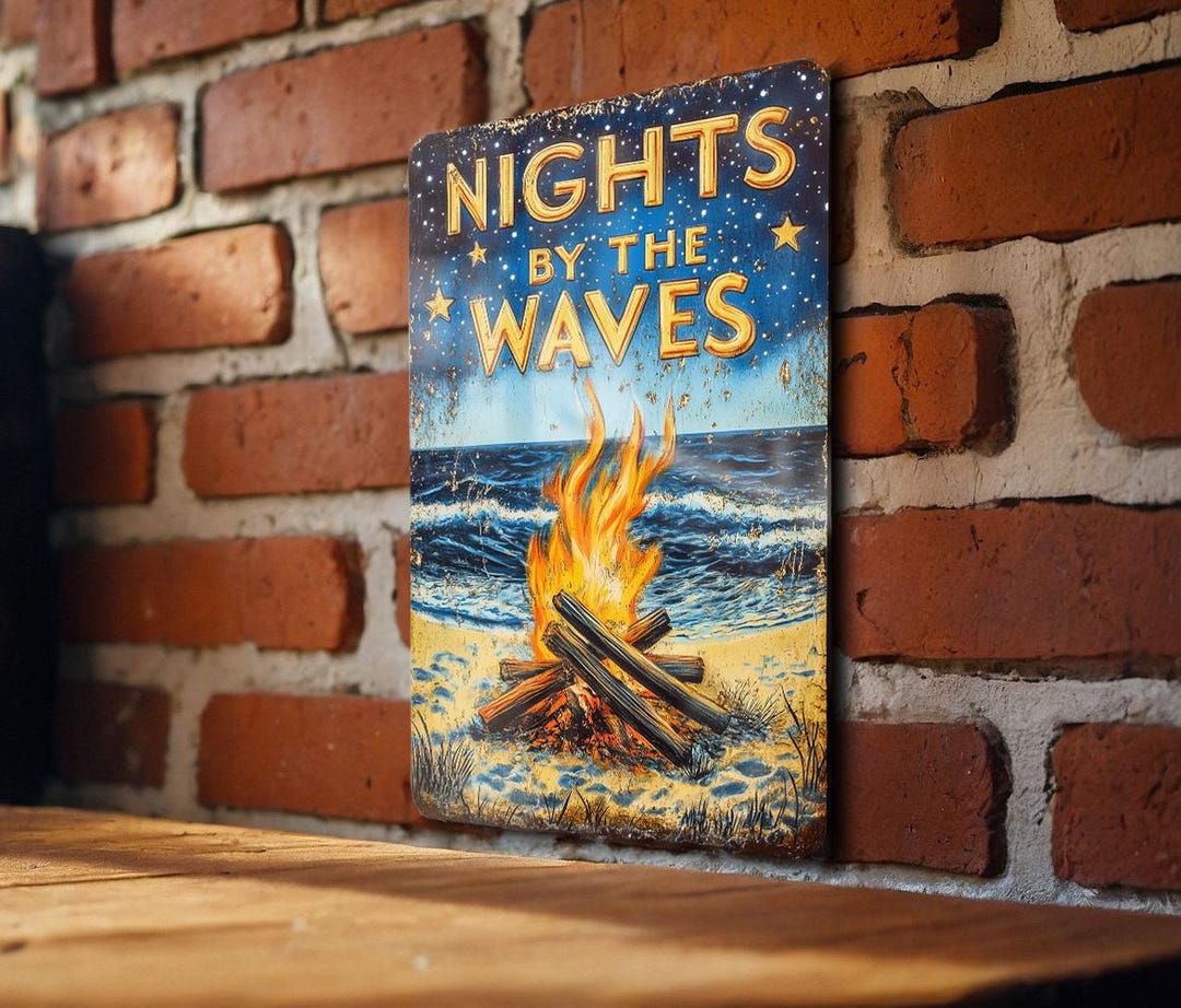 Vintage Style Tin Sign, Beach Bonfire, Campfire Under Starry Sky ...