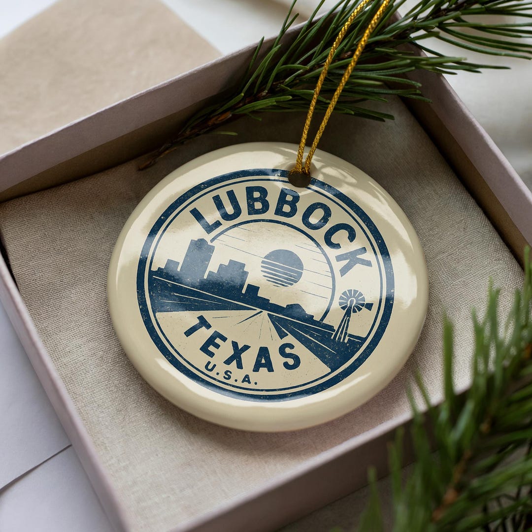 Lubbock Texas Ornament – Circular Stamp Style Ceramic Keepsake, Rustic ...