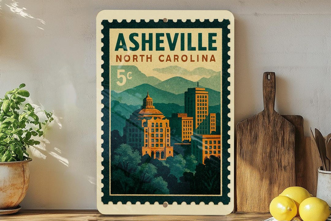 Asheville North Carolina Metal Sign Featuring Retro Postage Stamp ...
