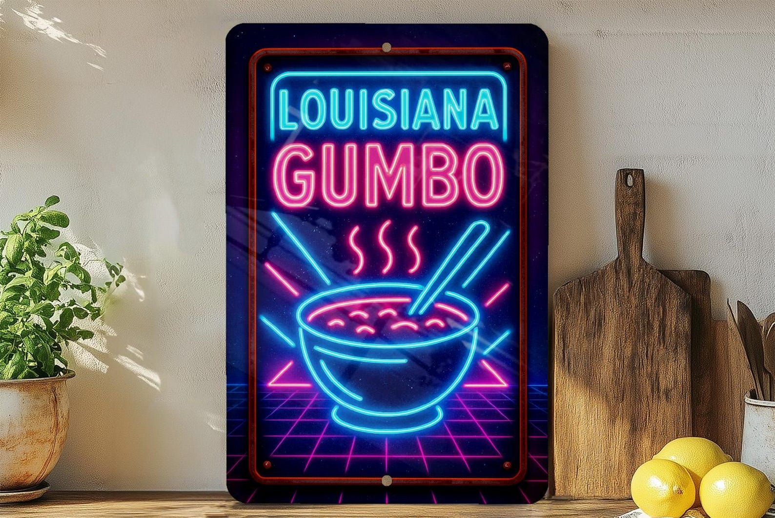 1980s Neon Louisiana Gumbo Metal Sign – Retro Cosmic Grid, Electric ...