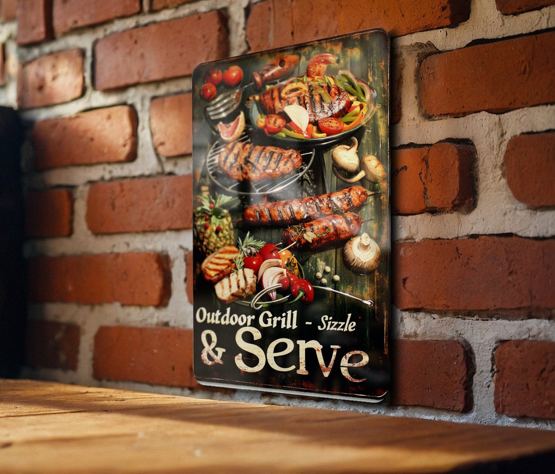 Outdoor Grill Metal Sign, Vintage BBQ Tools, Sizzle & Serve, Grilled ...