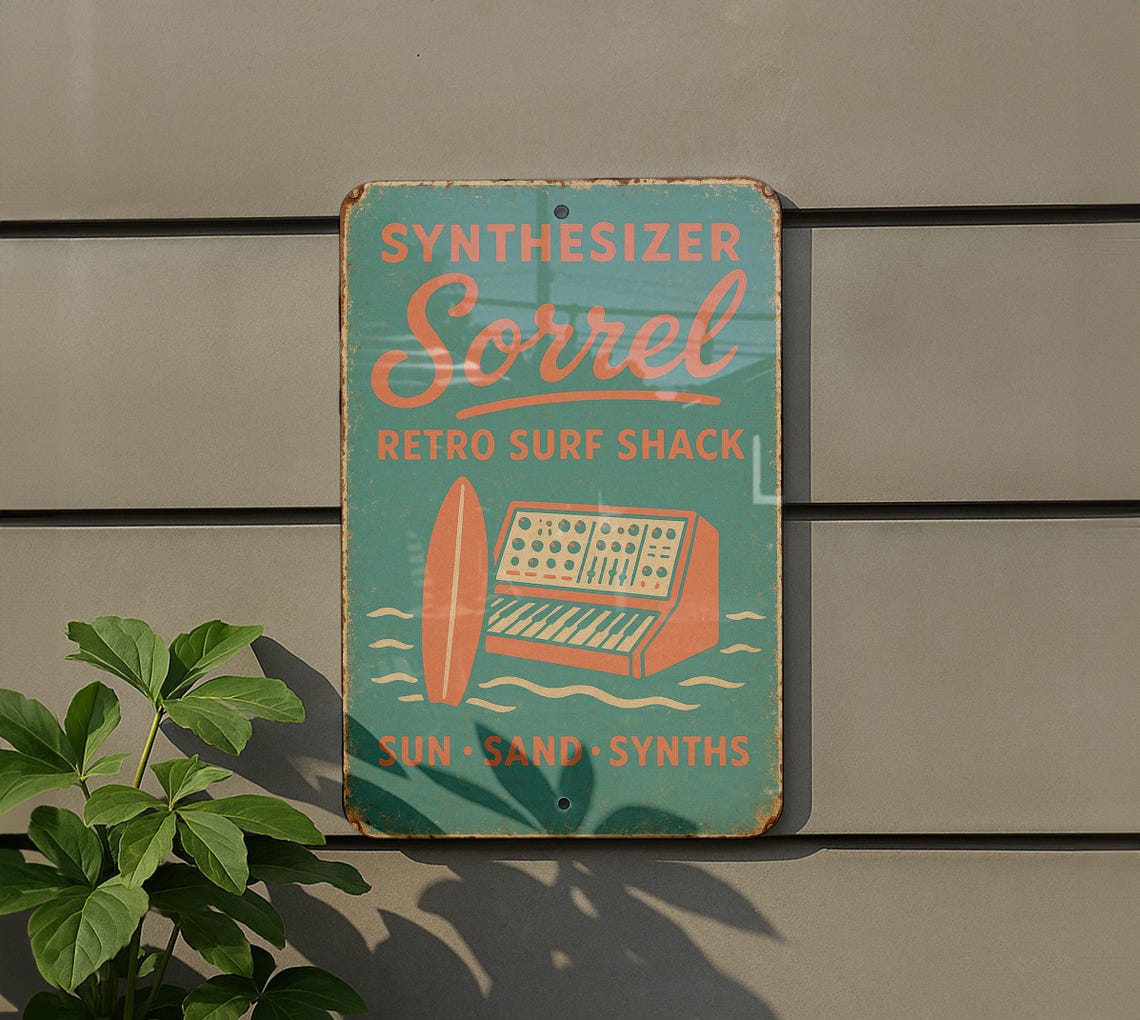 Retro Surf Shack Tin Sign – Synthesizer Sorrel, Sun-faded Aqua & Coral ...