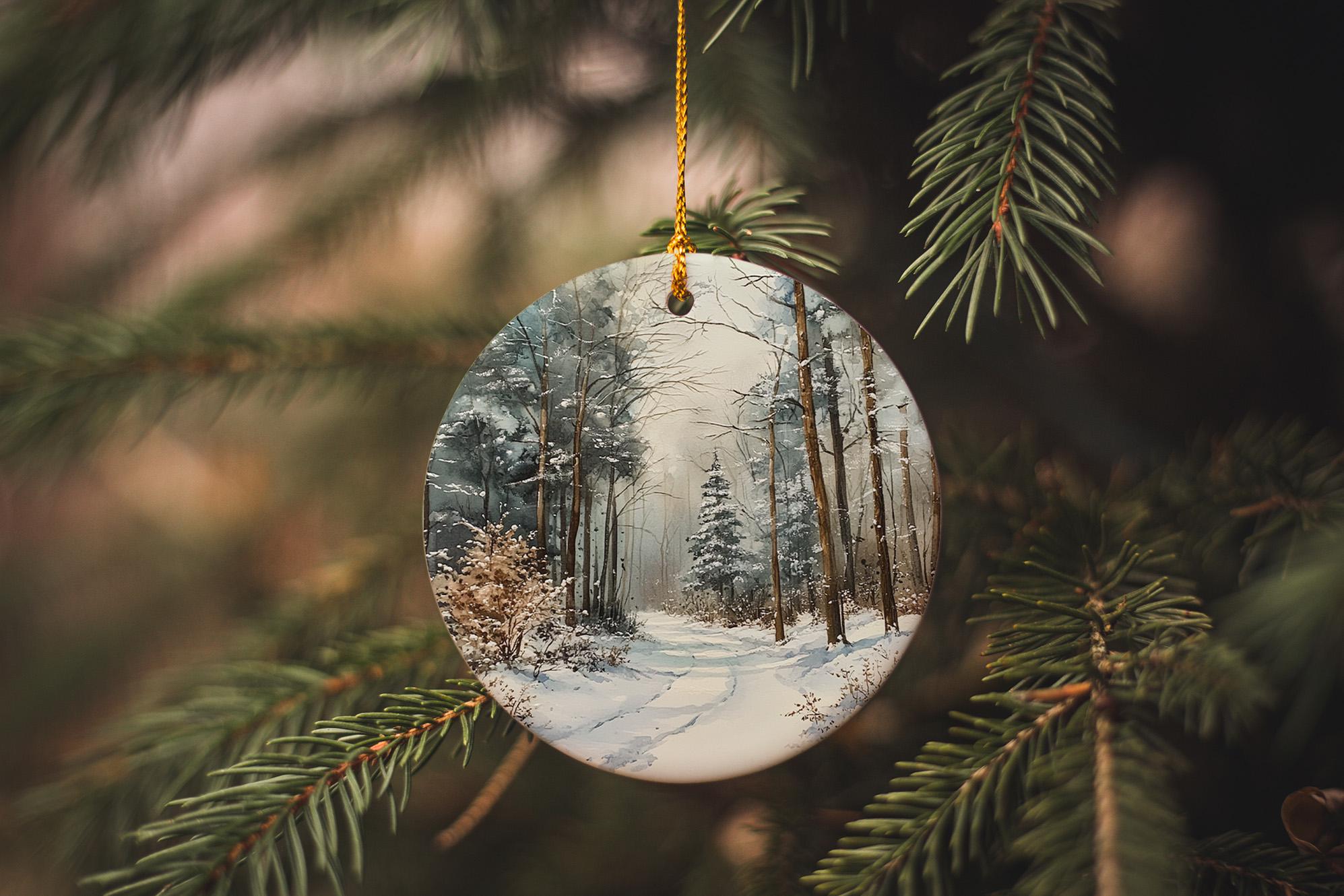 Serene Winter Landscape Ceramic Ornament, Hand-painted Christmas Decor ...
