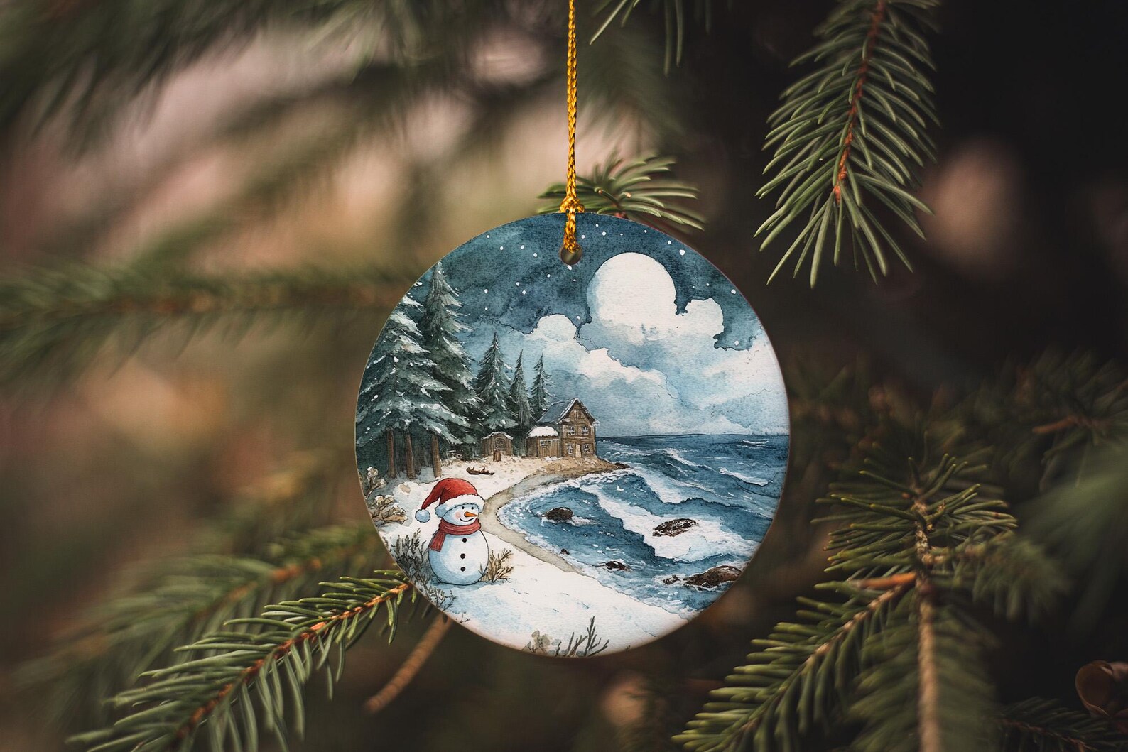 Winter Beach Scene Ceramic Ornament, Sandman Decor, Santa Hat Design ...