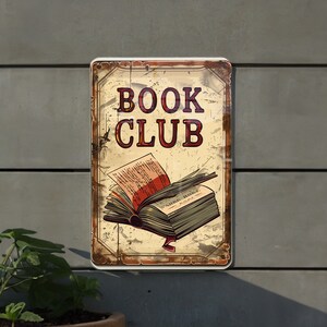 Book Club Vintage Style Metal Sign, Open Book Illustration, Warm Tones ...