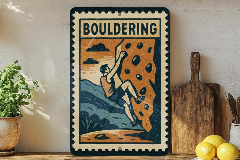 Bouldering Metal Sign – Vintage Stamp Style Climber Wall Art, Indoor ...