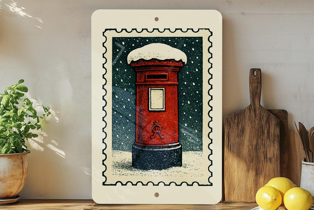 Vintage Postbox Metal Sign With Snow Cap – Winter Mailbox Wall Art ...