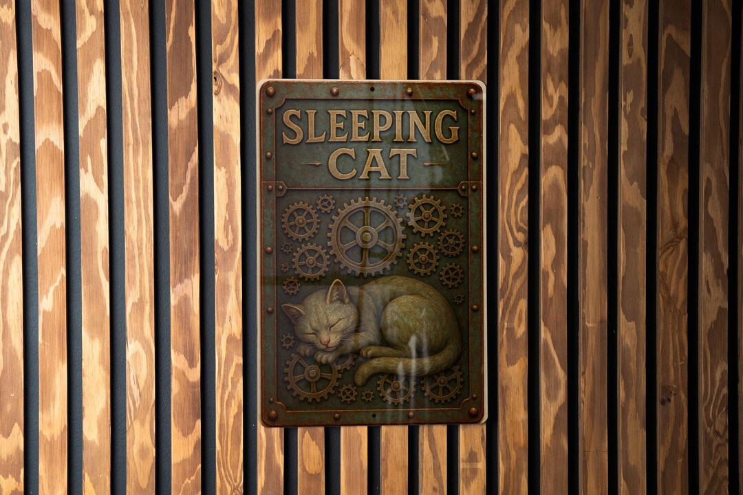 Steampunk Sleeping Cat Metal Sign – Aged Copper Verdigris Tin Wall Art ...