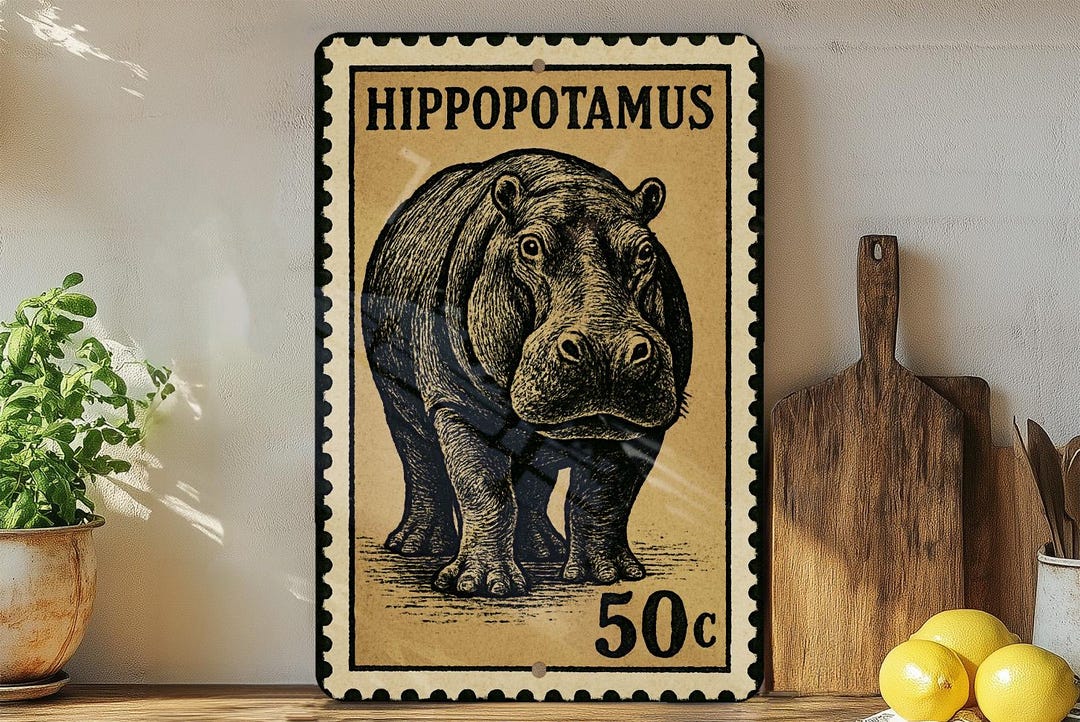 Hippopotamus Stamp Art Metal Sign – Vertical Retro Wall Decor for Home ...