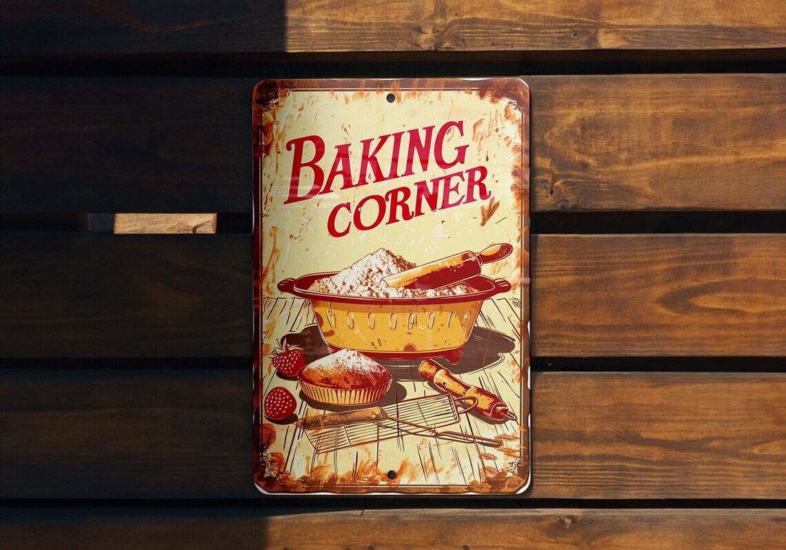 Baking Corner Metal Sign, Vintage Style, Rolling Pin Design, Soft Hues ...