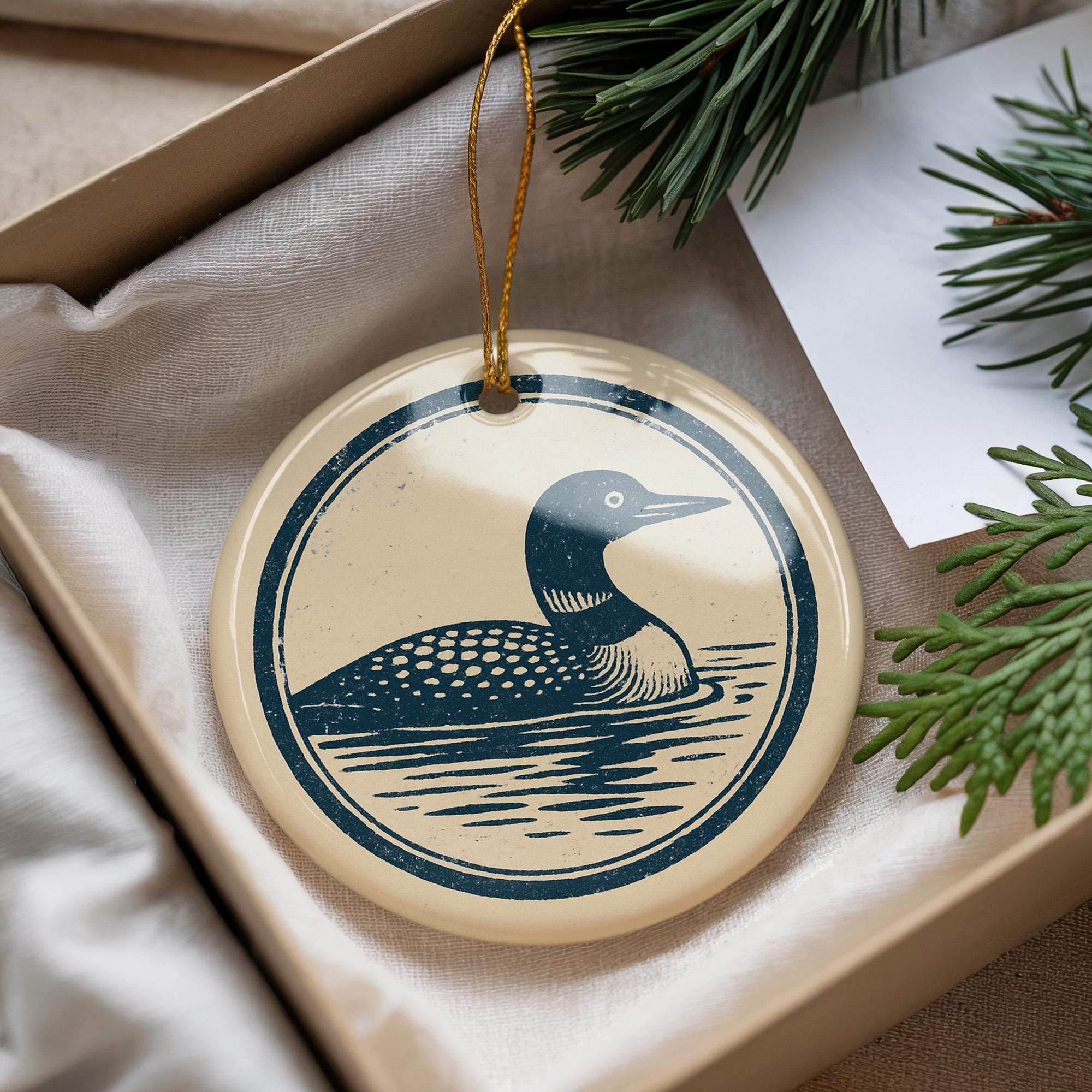 Loon Ceramic Ornament – Round Stamp Style Wildlife Art, Rustic Nature ...