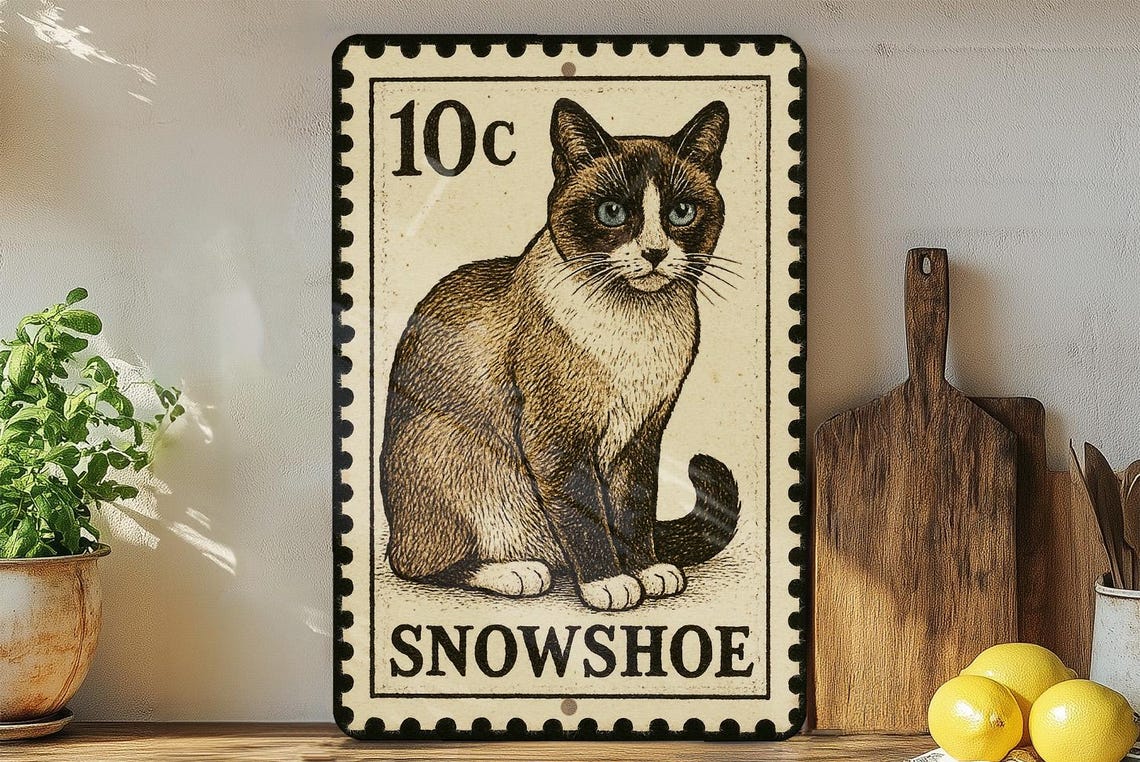 Snowshoe Cat Metal Sign – Vintage Stamp Style Wall Art for Cat Lovers ...