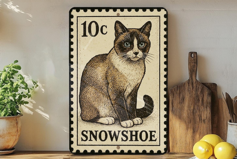 Snowshoe Cat Metal Sign – Vintage Stamp Style Wall Art for Cat Lovers ...
