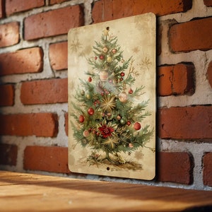 Retro Christmas Tree Metal Sign, Vintage Hues, Hand-drawn Ornaments ...