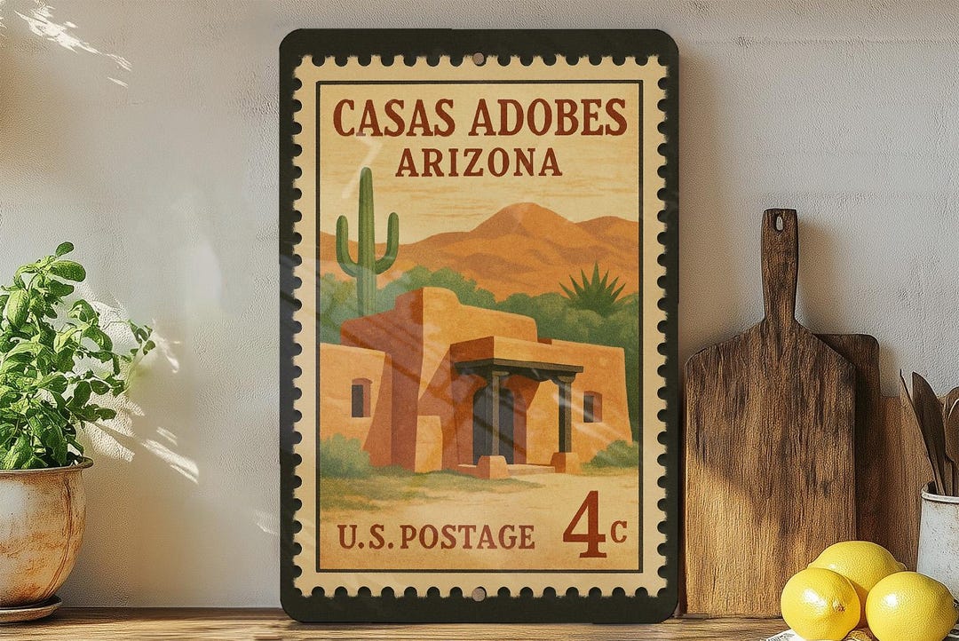 Casa Adobes Arizona Metal Sign – Retro Postage Stamp Design Featuring ...