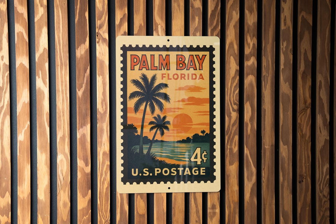 Palm Bay Florida Metal Sign – Retro Postage Stamp Design Featuring ...
