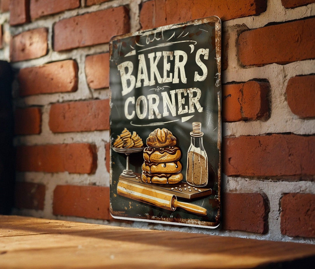 Baker's Corner Vintage Metal Sign, Rolling Pin, Dough Illustration ...