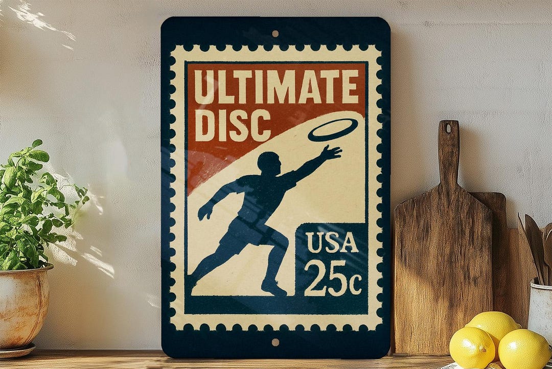Ultimate Disc Metal Sign – Vintage Stamp Style Wall Art for Frisbee ...