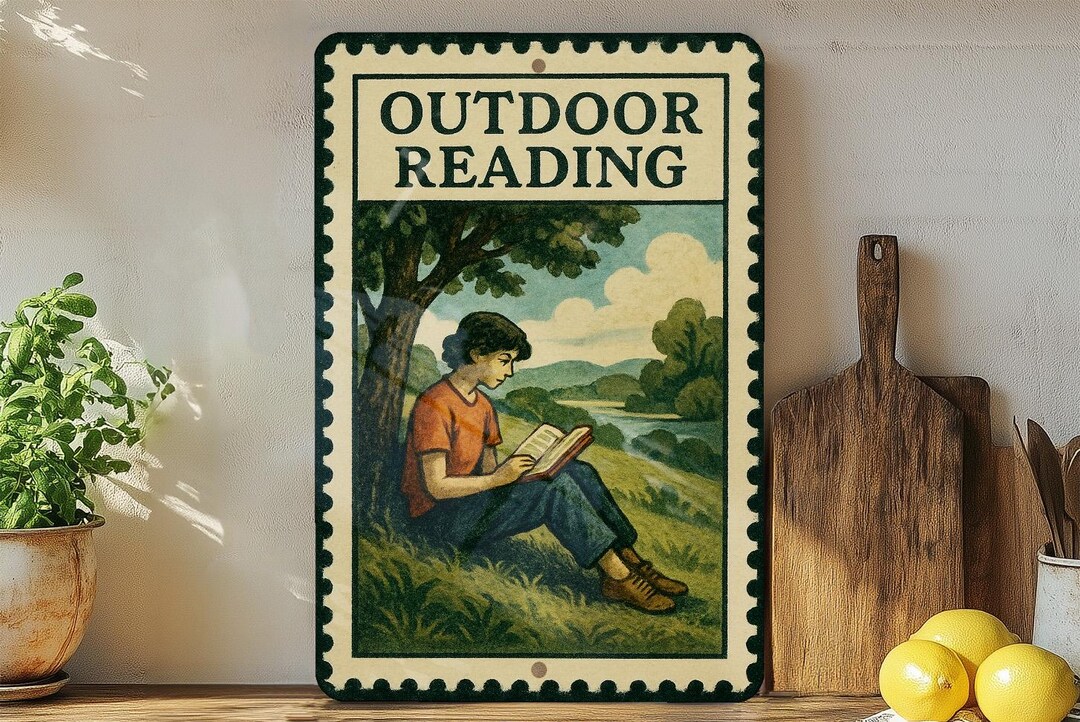 Outdoor Reading Metal Sign – Vintage Stamp Style Wall Art for Book ...