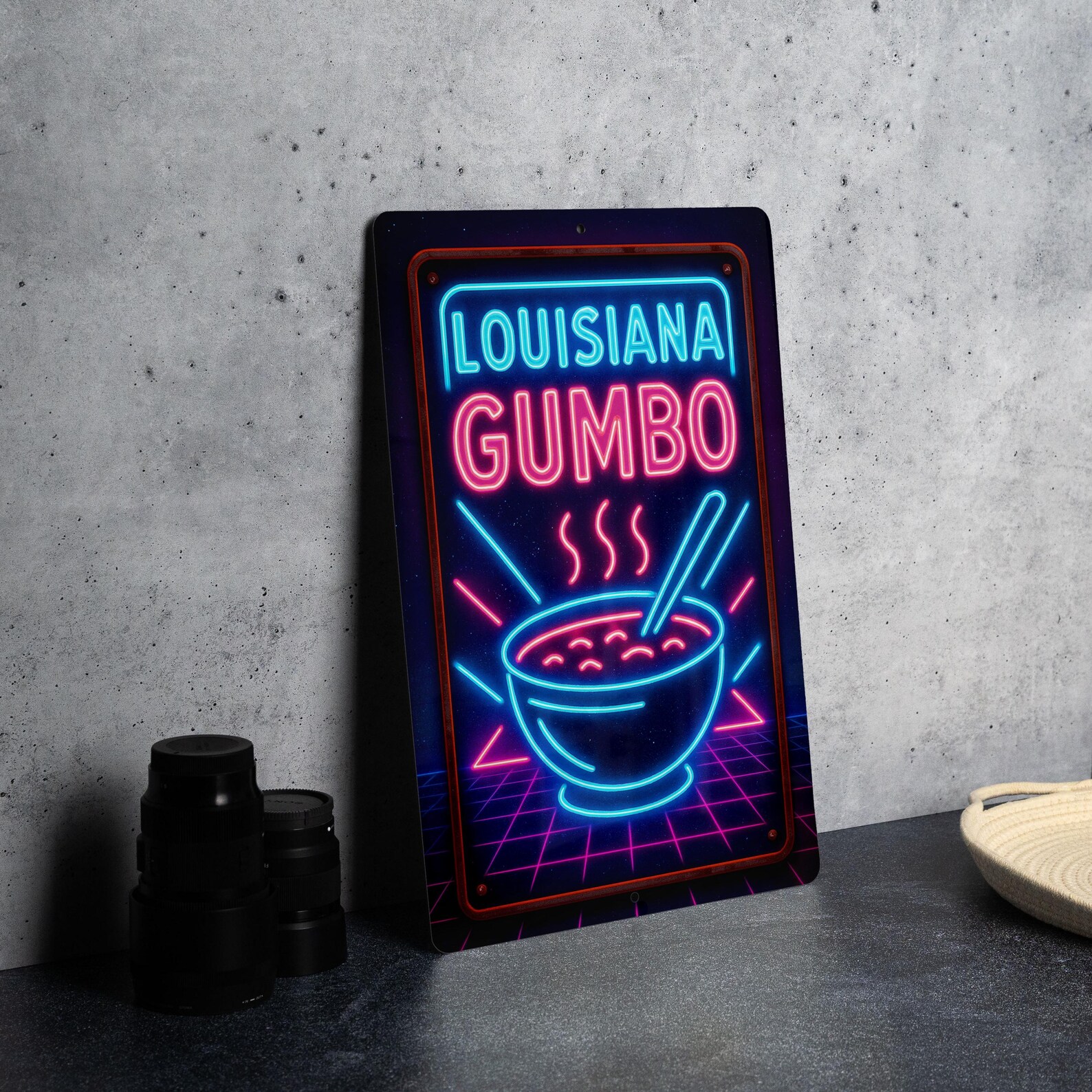 1980s Neon Louisiana Gumbo Metal Sign – Retro Cosmic Grid, Electric ...