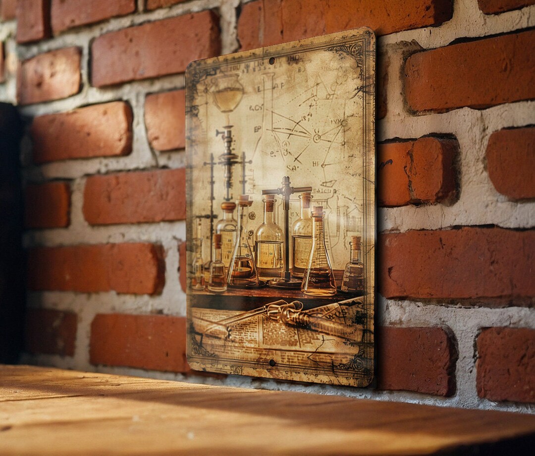 Retro Lab Scene Metal Sign, Science in Action, Vintage Beakers, Sepia ...