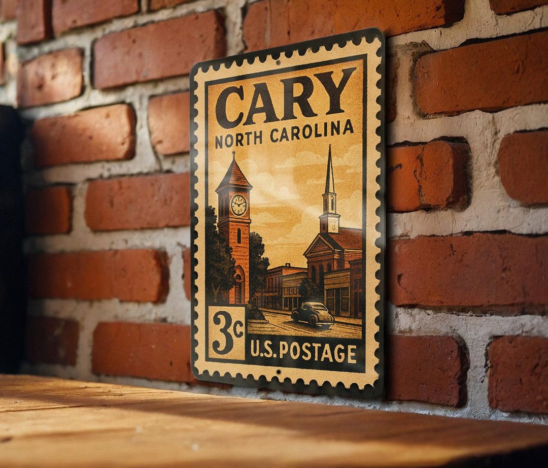 Cary North Carolina Metal Sign Featuring Retro Postage Stamp Design of ...