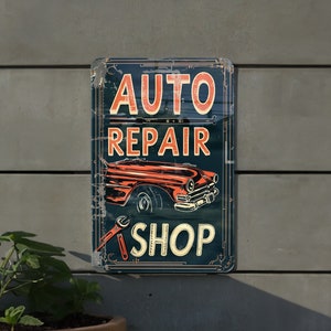 Vintage AUTO REPAIR SHOP Metal Sign, Wrench Engine Illustration, Earthy ...
