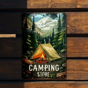 Camping Store Metal Sign, Tent Campfire Illustration, Outdoor Frame ...