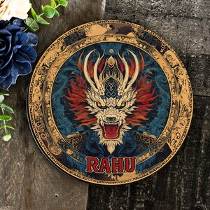 Fiery Dragons Gaze Enigmatic Rahu Round Metal Sign, Mythic Lore Decor ...