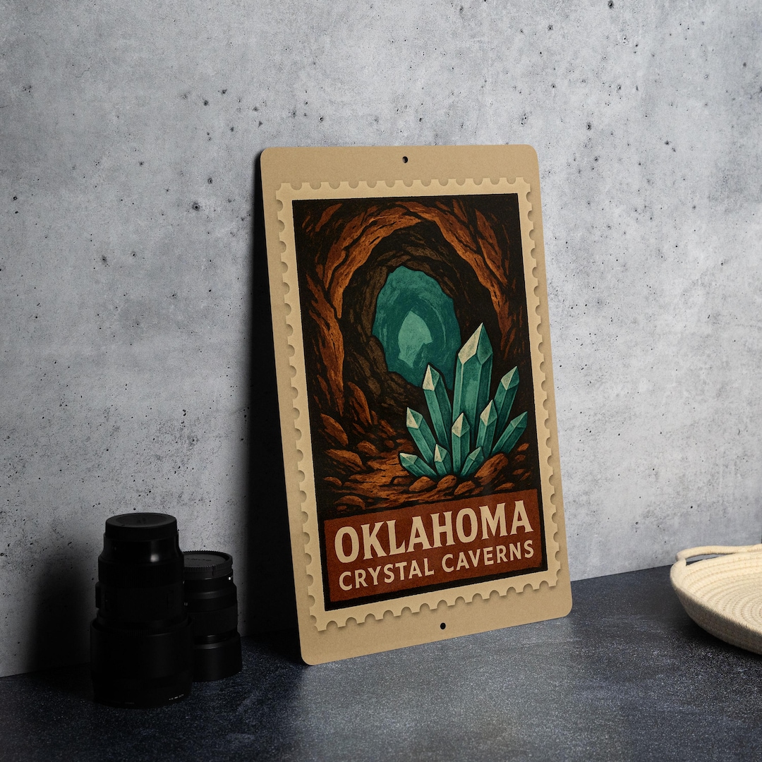 Oklahoma Crystal Caverns Metal Sign – Vintage Stamp Style Wall Art ...