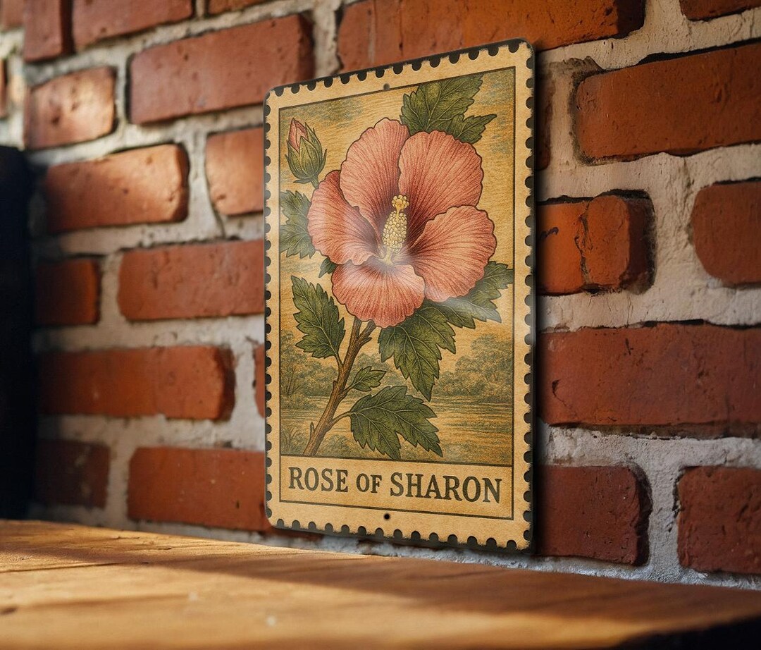 Rose of Sharon Vintage Stamp Style Metal Sign, Hibiscus Flower ...
