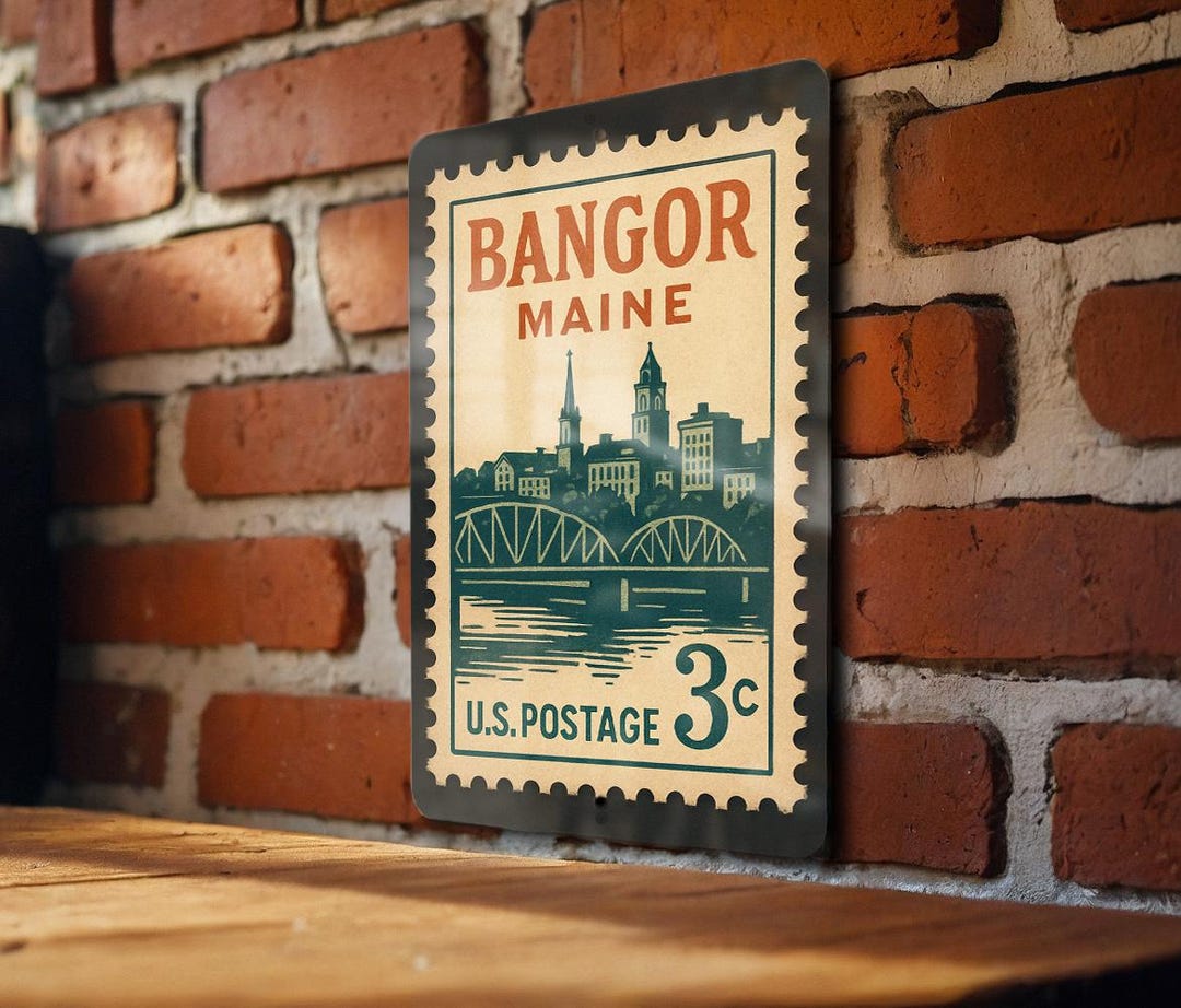 Bangor Maine Postage Stamp Metal Sign – Vintage-inspired City Souvenir ...