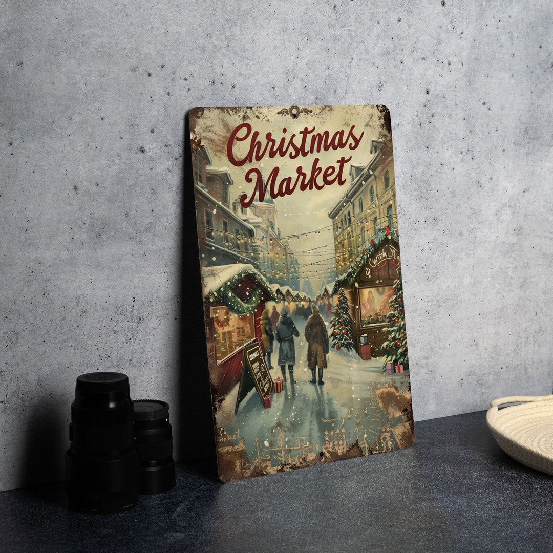 Retro Christmas Market Metal Sign, Vintage Holiday Decor, Hand-drawn ...