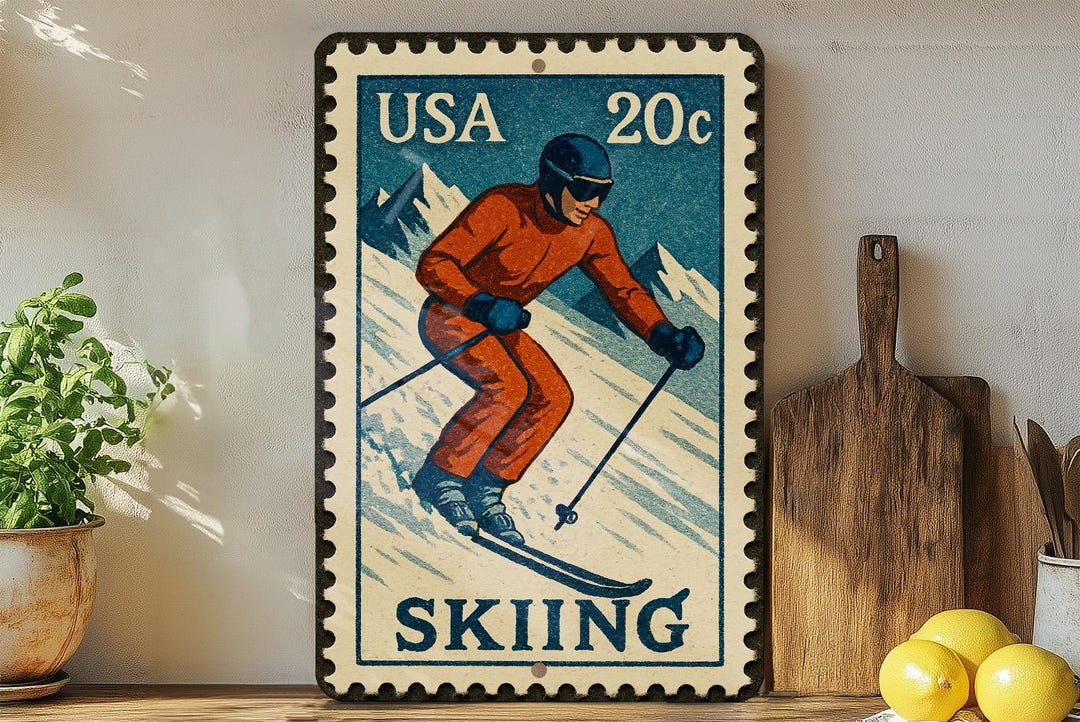 Vintage Skiing Metal Sign – Retro Stamp Style Wall Art for Cabin, Lodge ...