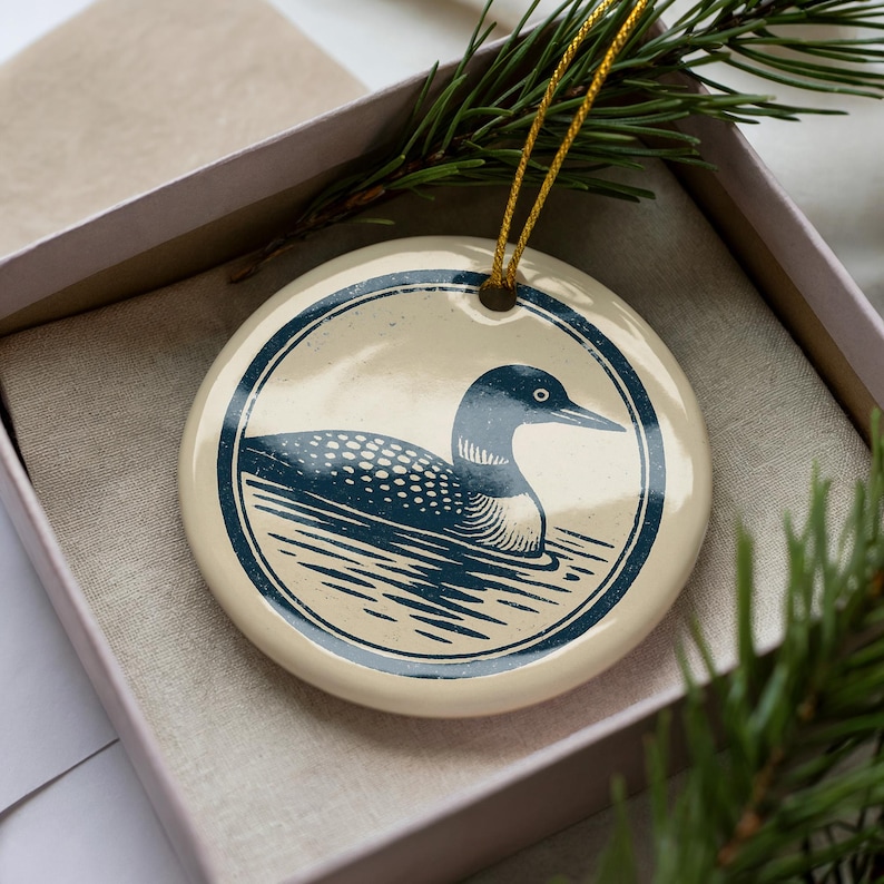 Loon Ceramic Ornament – Round Stamp Style Wildlife Art, Rustic Nature ...