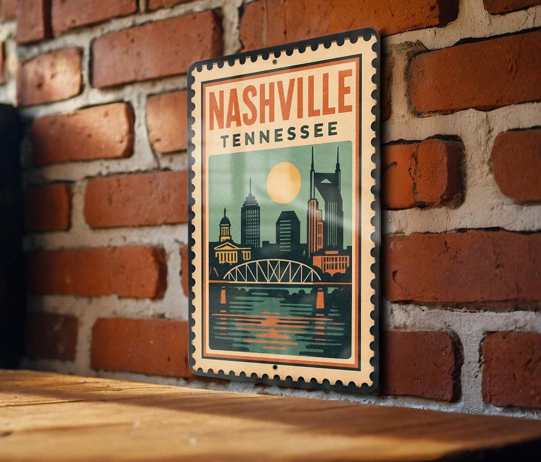 Nashville Tennessee Postage Stamp Metal Sign – Retro City Skyline ...