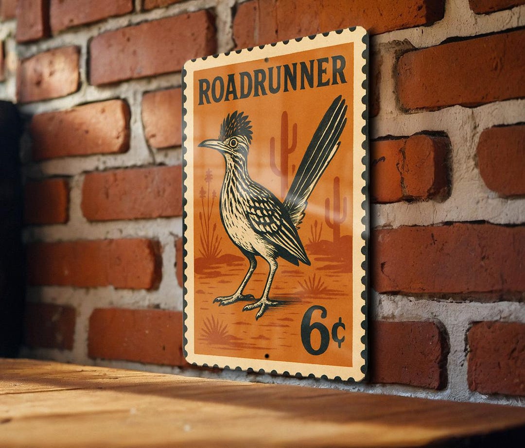 Roadrunner Stamp Style Metal Sign – Retro Tin Wall Art for Garage, Man ...