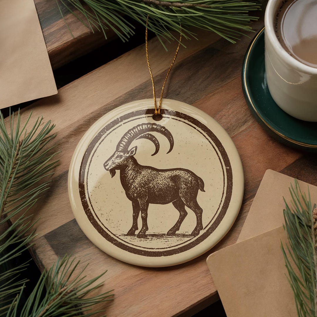 Ibex Ceramic Ornament – Round Stamp Style Mountain Animal Art, Rustic ...