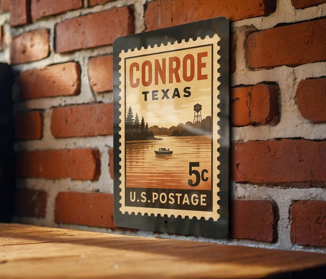 Conroe Texas Metal Sign – Retro Postage Stamp Design Featuring Iconic ...