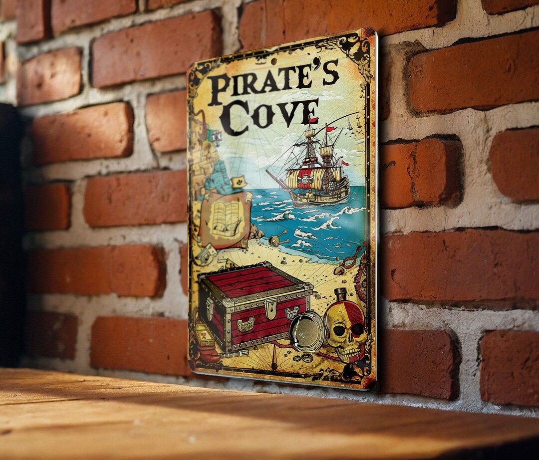 Pirate's Cove Vintage Metal Sign: Treasure Chest, Nautical Colors ...
