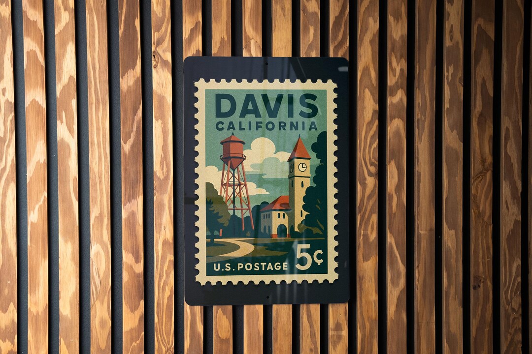 Davis California Retro Postage Stamp Metal Sign – Vintage Travel ...