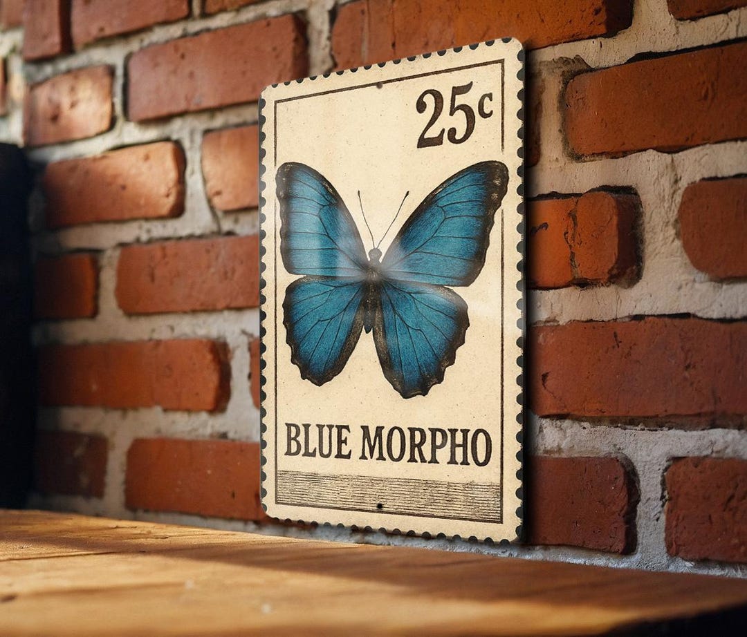 Blue Morpho Butterfly Metal Wall Art – Vintage Stamp Style Vertical Tin ...